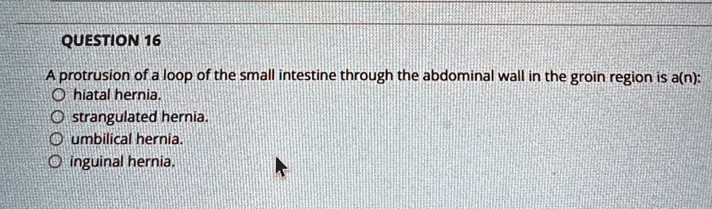 question 16 a protrusion of a loop of the small intestine through the ...
