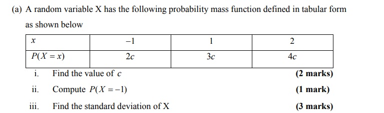 (a) A random variable X has the following probability mass function defined in tabular form as ...