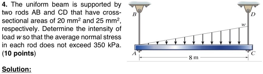 SOLVED: The uniform beam is supported by two rods AB and CD that have crosssectional areas of ...