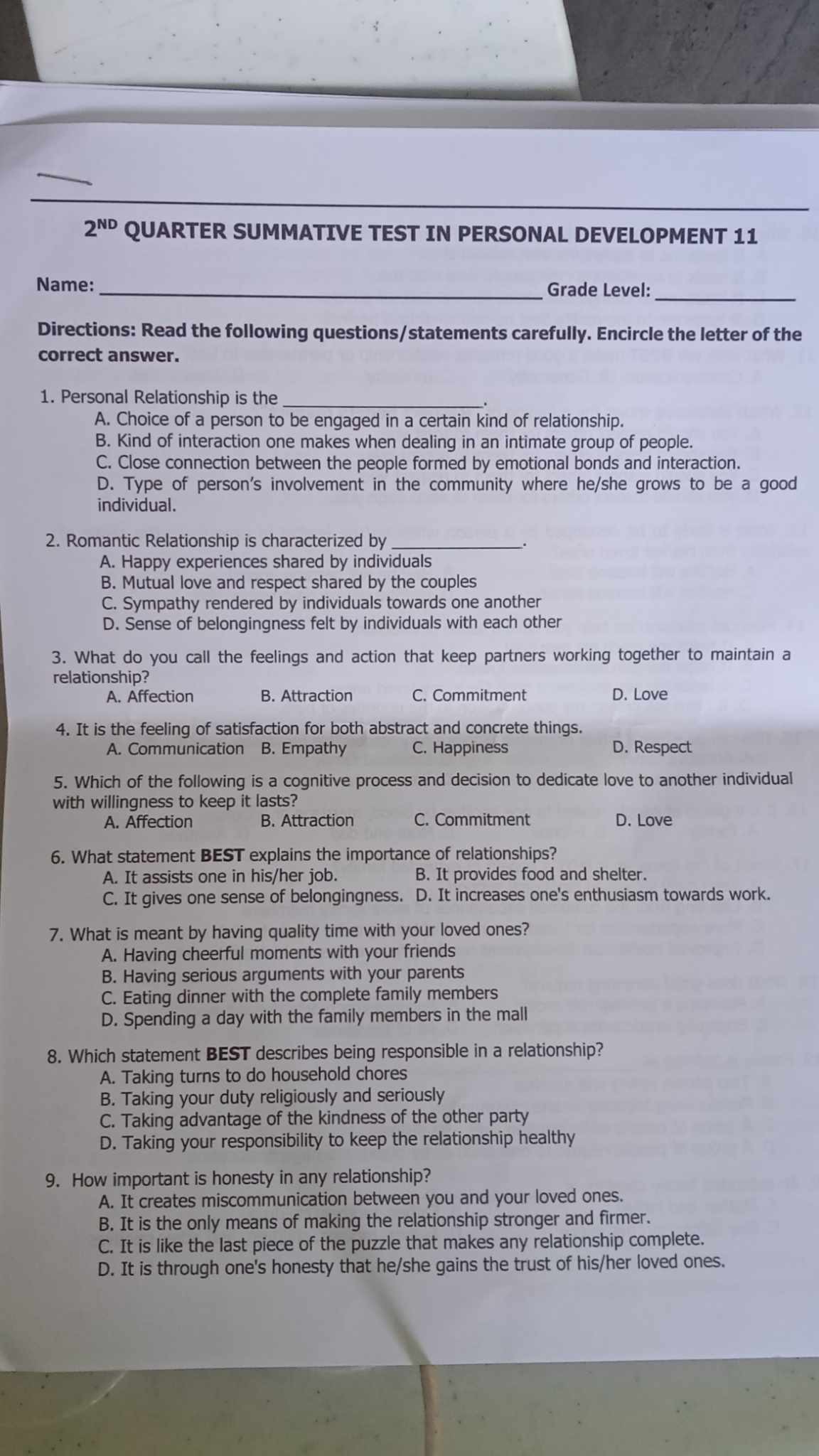 SOLVED: 2^ND QUARTER SUMMATIVE TEST IN PERSONAL DEVELOPMENT 11 Name ...