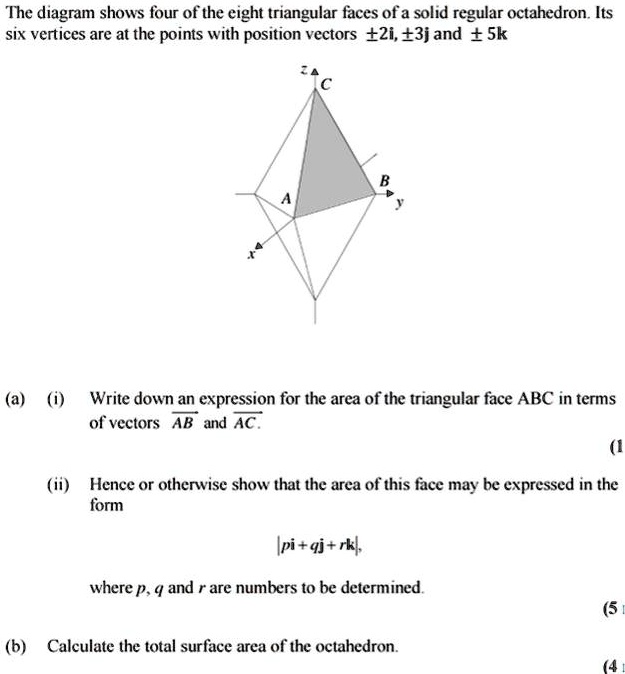 SOLVED: The diagram shows four of the eight triangular faces of a solid regular octahedron. Its ...