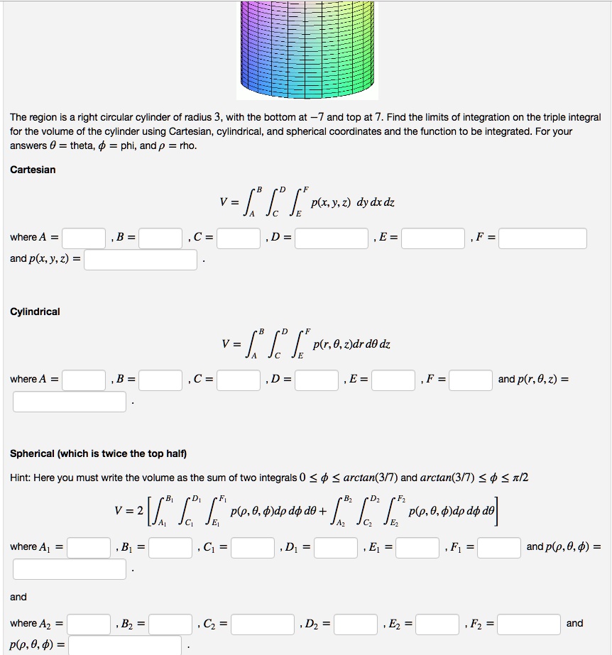 The region is a right circular cylinder of radius 3, with the bottom at ...