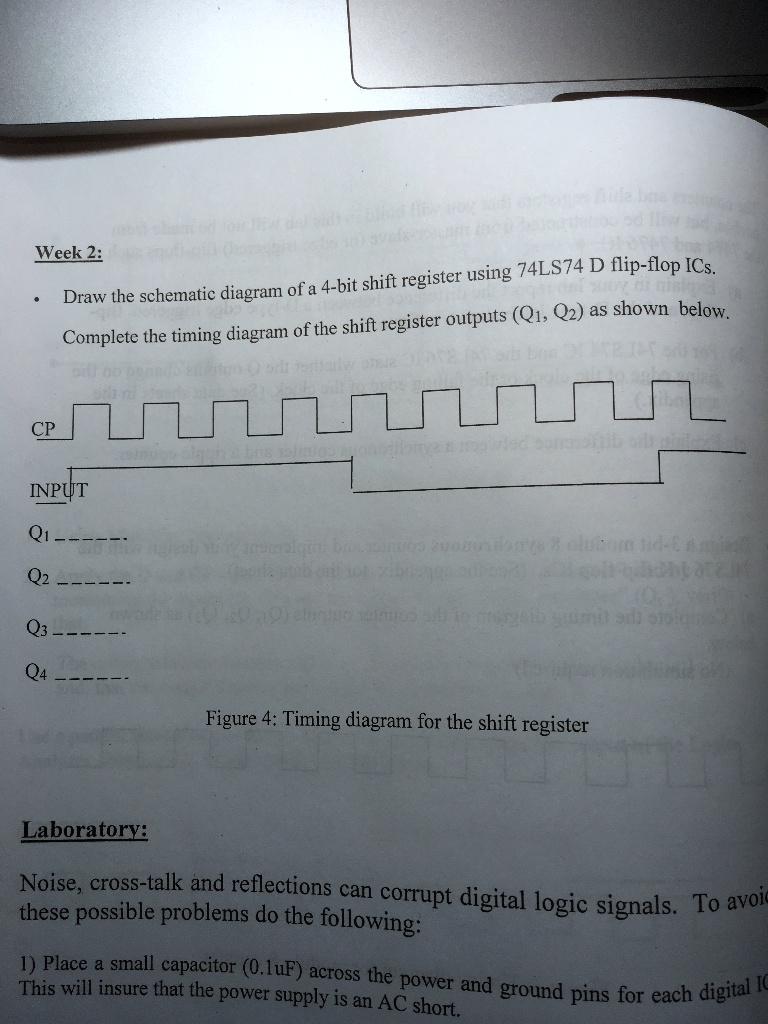 Week 2: • Draw the schematic diagram of a 4-bit shift register using 74LS74 D flip-flop ICs ...
