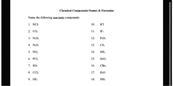 Chemical Compounds-Names Formulas Name the following non-ionic ...