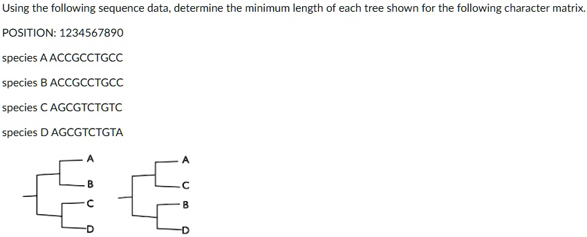 using the following sequence data determine the minimum length of each tree shown for the ...