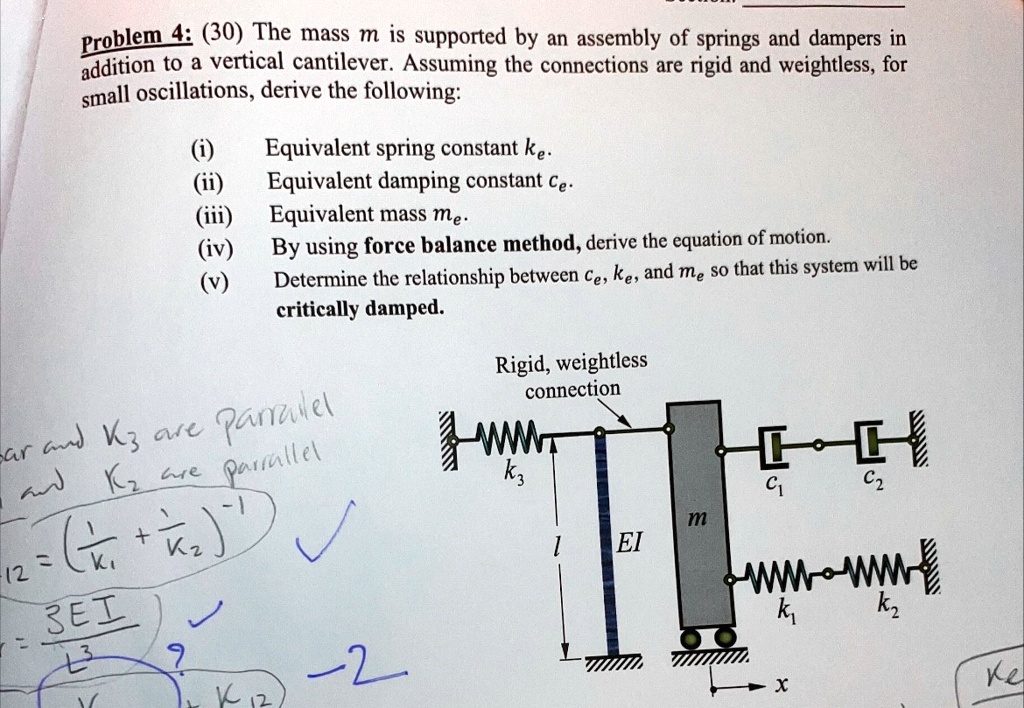 SOLVED: Problem 4: (30) The mass m is supported by an assembly of springs and dampers in ...