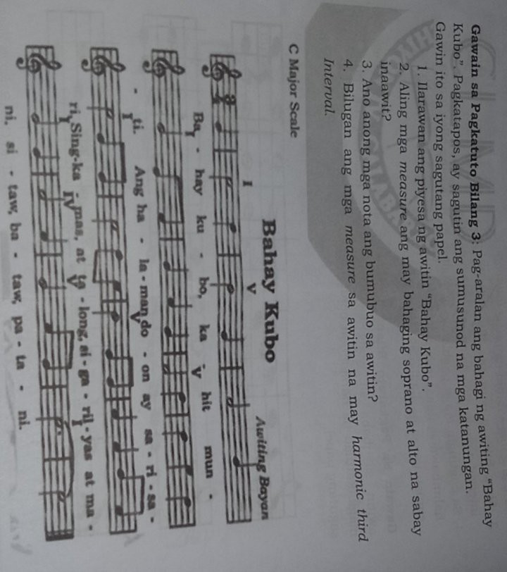 Gawain sa Pagkatuto Bilang 3: Pag-aralan ang bahagi ng awiting "Bahay ...