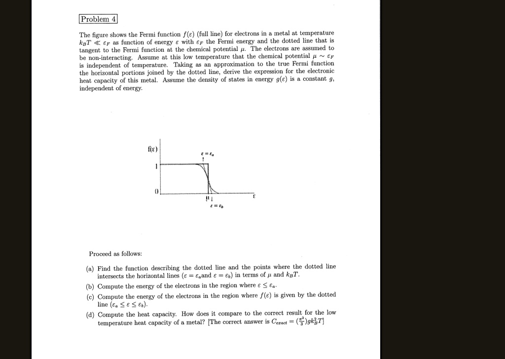 SOLVED: [Problem 4] The figure shows the Fermi function f(e) (full line) for electrons in a ...