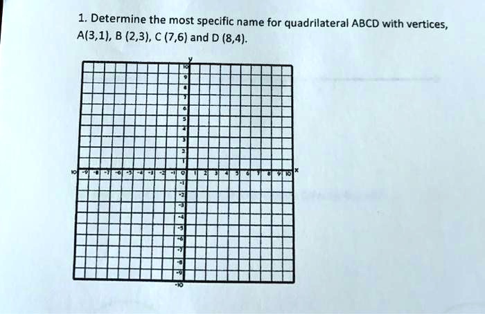 SOLVED:1. Determine the most specific name for quadrilateral ABCD with vertices, A(3,1), B (2,3 ...