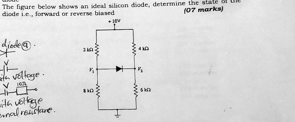 The figure below shows an ideal silicon diode, determine the state of the diode i.e., forward or ...