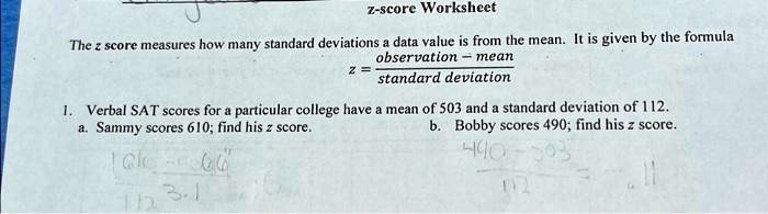 z-score Worksheet The z score measures how many standard deviations a ...
