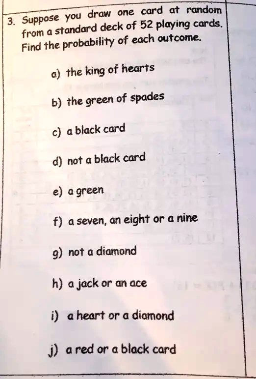 SOLVED: draw one card at random Suppose You standard deck of 52 playing ...