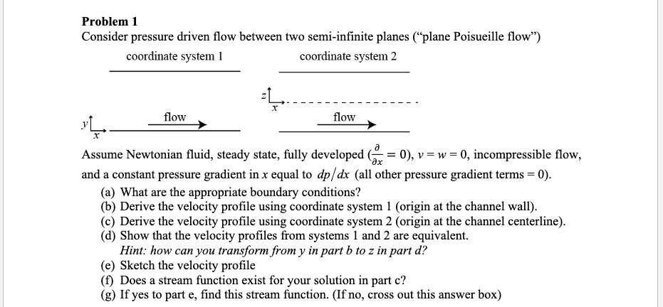 SOLVED: Problem 1 Consider pressure driven flow between two semi-infinite planes ("plane ...