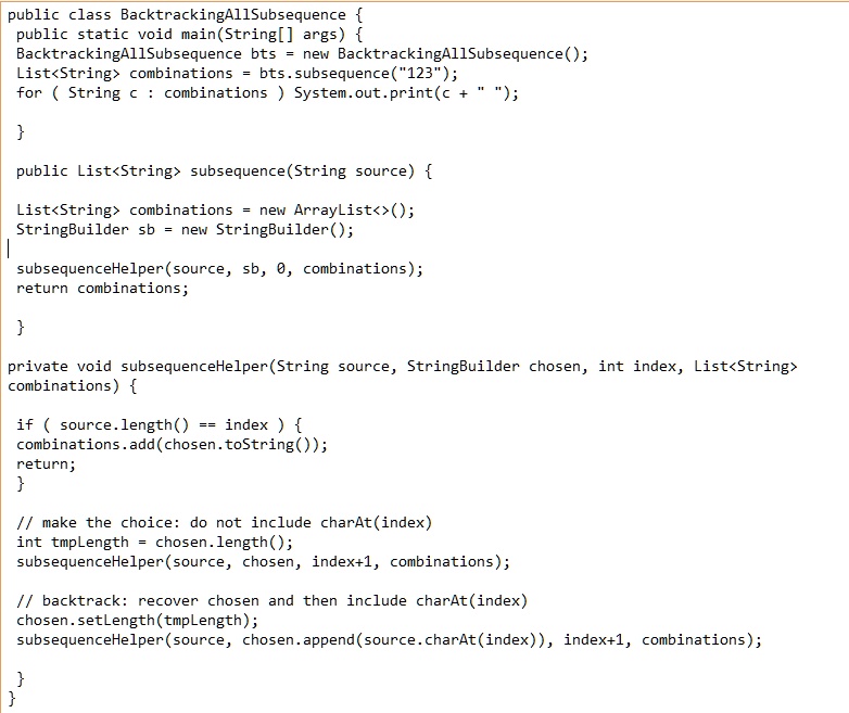 public class BacktrackingAllSubsequence public static void main(String[] args ...