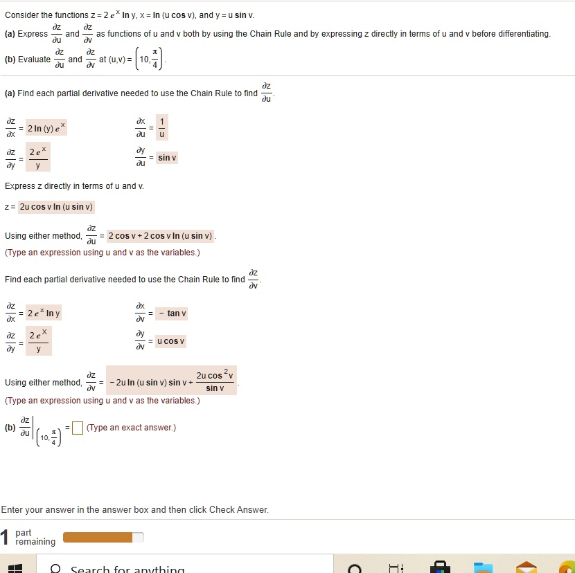 SOLVED:Consider the functions z = Ze* Iny,x = In (ucos v), andy=u sin V. (a) Express and a3 ...