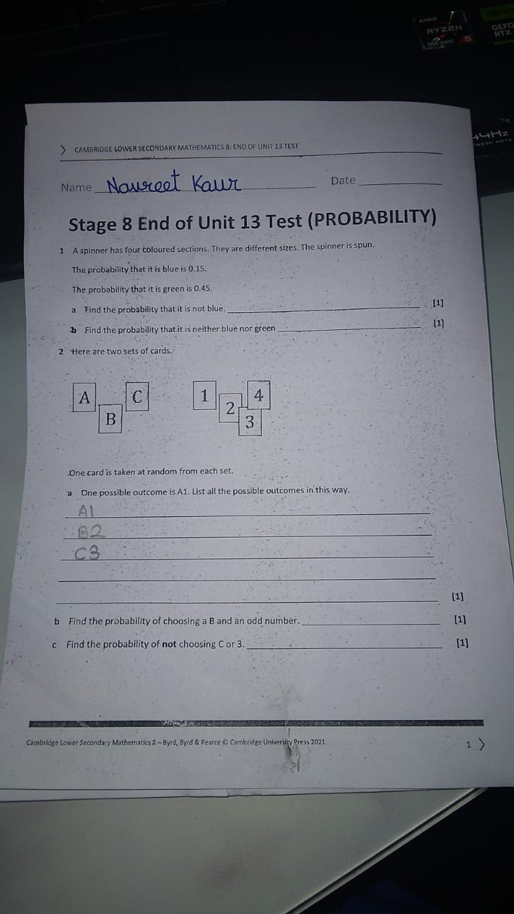 CAMBRIDGE LOWER SECONDARY MATHEMATICS 8 : END OF UNIT IB TEST Name ...