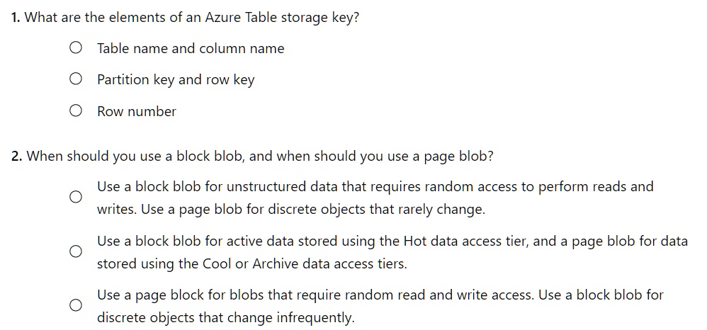 1. What are the elements of an Azure Table storage key? Table name and ...