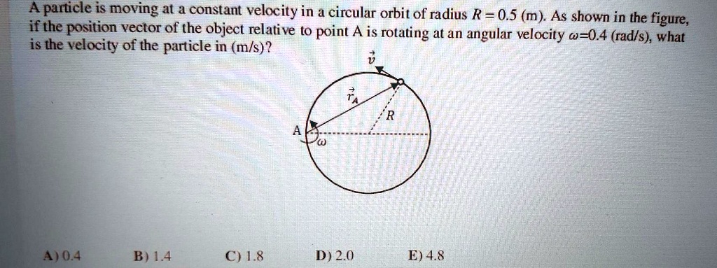 SOLVED: Aparticle is moving at a constant velocity in a circular orbit of radius R = 0.5 (m) As ...