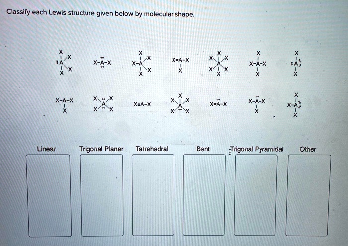 SOLVED: Classify each Lewis structure given below by molecular shape ... SOLVED: Classify each Lewis structure given below by molecular shape ...