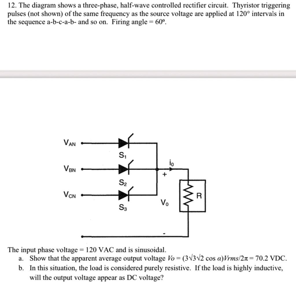 The diagram shows a three-phase, half-wave controlled rectifier circuit. Thyristor triggering ...