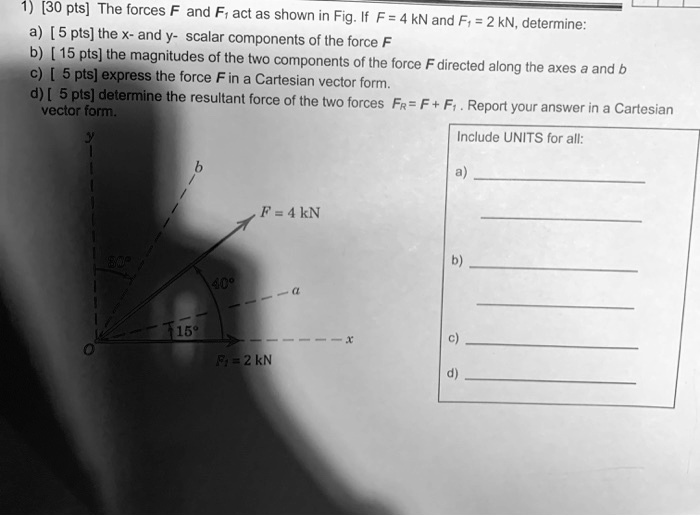 1) [30 pts] The forces F and F? act as shown in Fig. If F = 4 kN and F? = 2 kN, determine: a) [5 ...