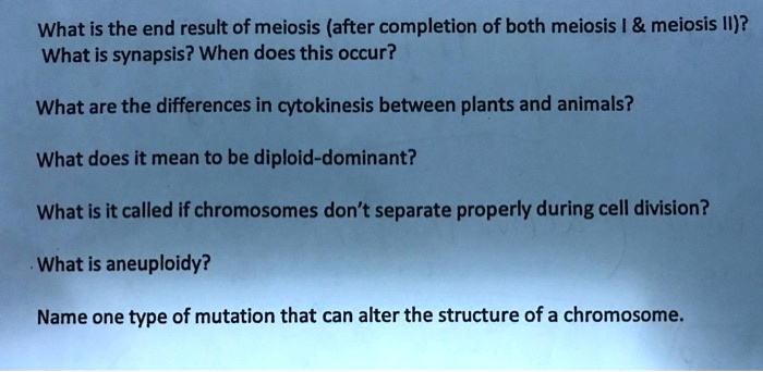 SOLVED: What is the end result of meiosis (after completion of both ...