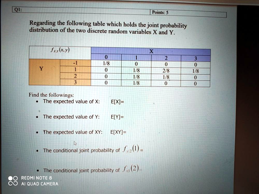 SOLVED:Q4; Points: 5 Regarding the following table which holds the joint probability ...