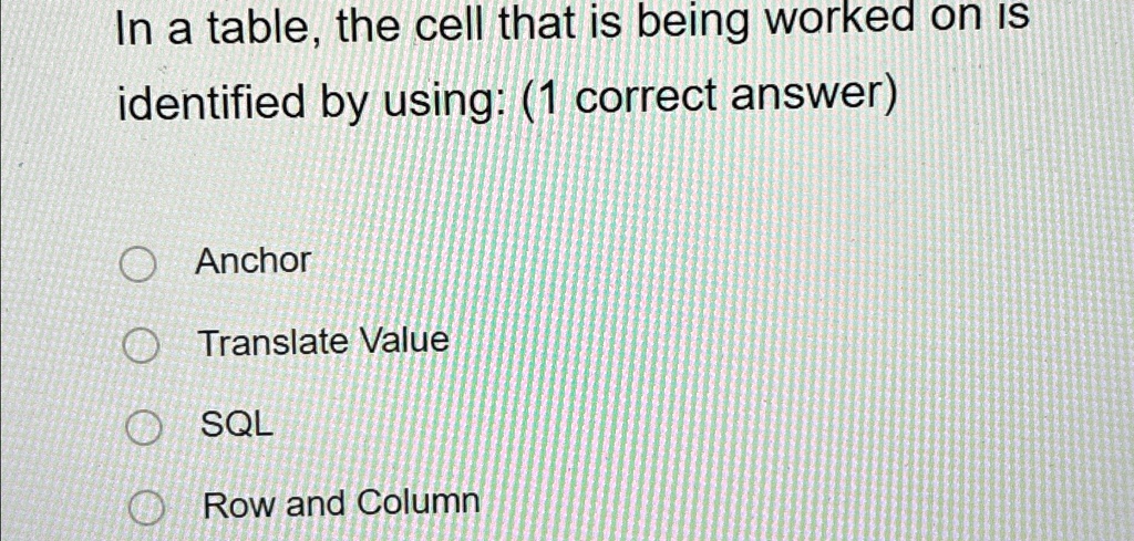 In a table, the cell that is being worked on is identified by using: (1 ...