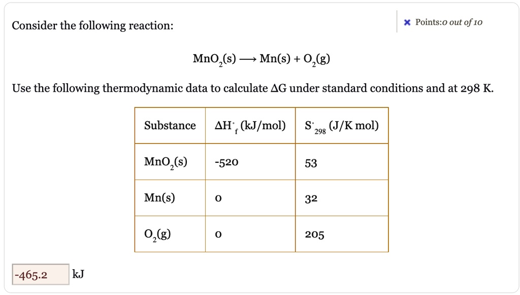Consider the following reaction: MnO2(s) →Mn(s) + O2(g) Use the ...