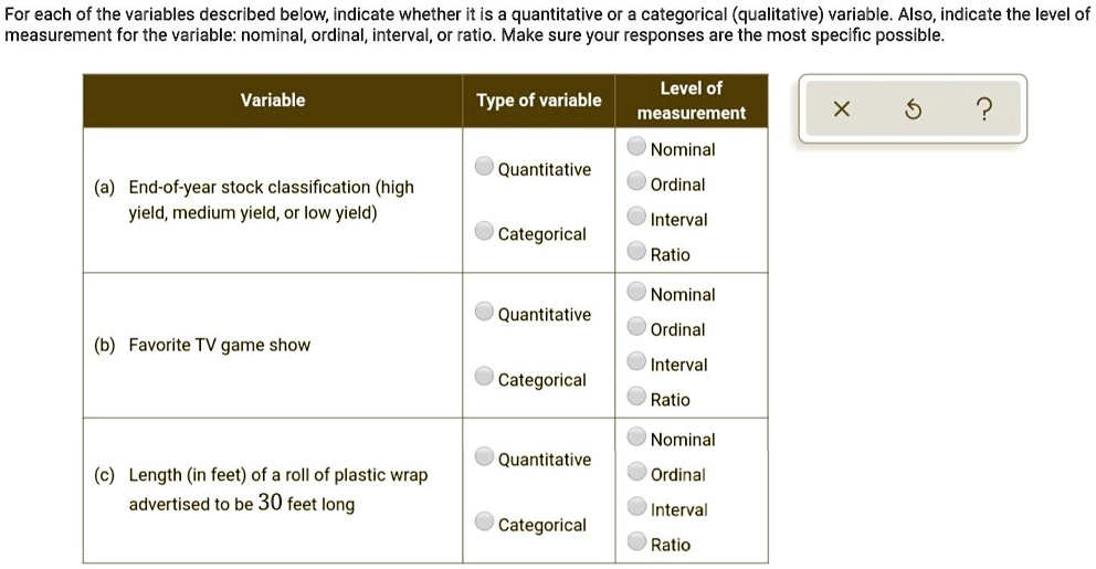 SOLVED: For each of the variables described below, indicate whether It is quantitative or a ...