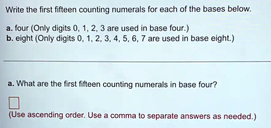 Write the first fifteen counting numerals for each of the bases below. a. four (Only digits 0, 1 ...