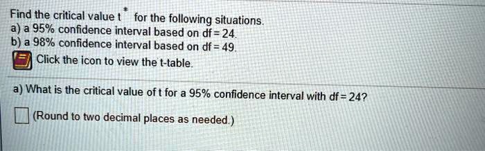 SOLVED: Find the critical value for the following situations a) a 95% ...