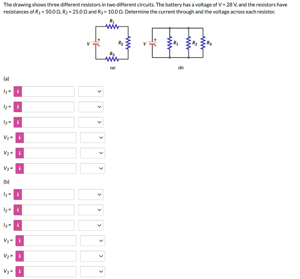 The drawing shows three different resistors in two different circuits. The battery has a voltage ...