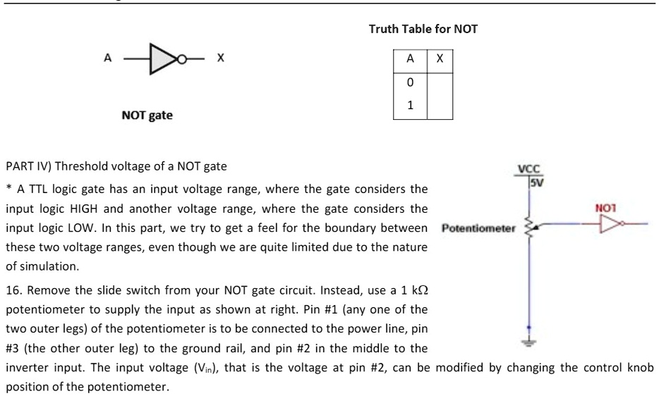 Truth Table for NOT A X A X NOT gate 0 1 PART IV) Threshold voltage of ...