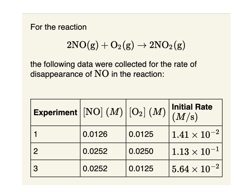 SOLVED: What is the rate of disappearance of O2 when [NO]=0.0665M and [O2]=0.0155M ? For the ...