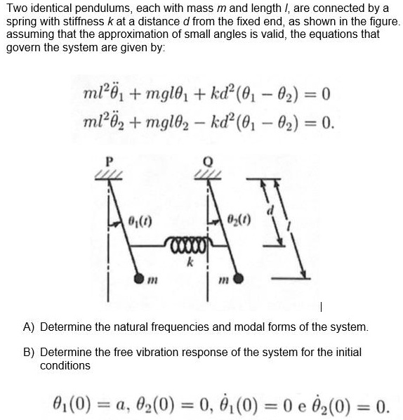 Two identical pendulums, each with mass m and length l, are connected ...
