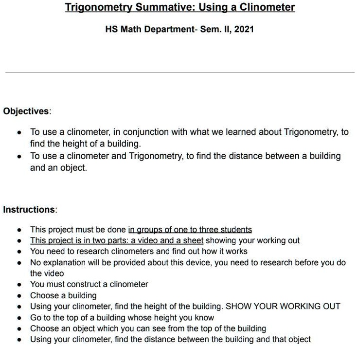 irigonometry summative usinga clinometer hs math department sem ii 2021 ...