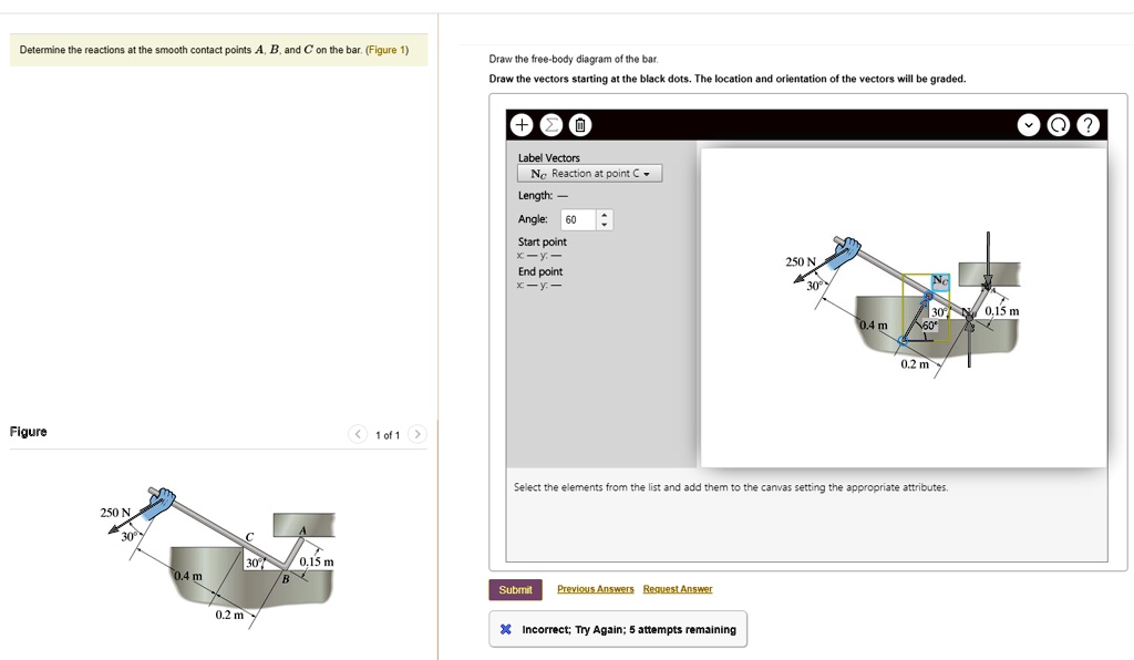 Determine the reactions at the smooth contact points A, B, and C on the ...