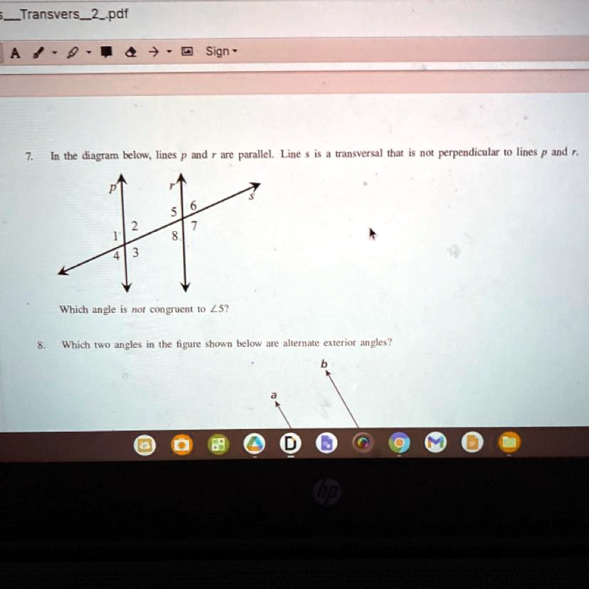 In the diagram below lines p and r are parallel line s is a...