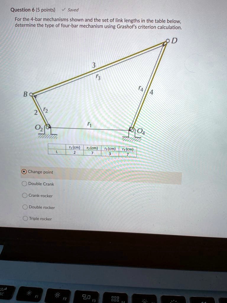 Question 6 (5 points) ? Saved For the 4-bar mechanisms shown and the set of link lengths in the ...