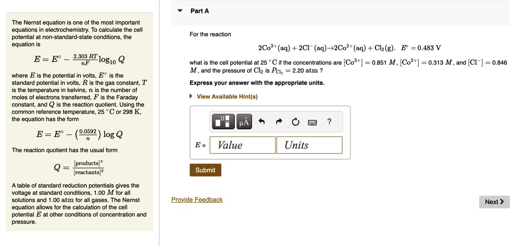 SOLVED: Part A The Nernst eguation is one of the most important ...