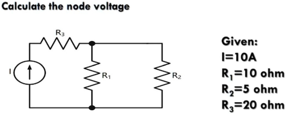 Calculate the node voltage Given: I = 10A, R1 = 10 ohm, R2 = 5 ohm, R3 ...