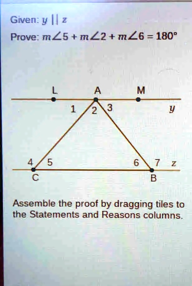 SOLVED: Given: y || 2 Prove: mâˆ S + mâˆ 2 + mâˆ 6 = 180Â° M 3 4 5 Assemble the proof by ...