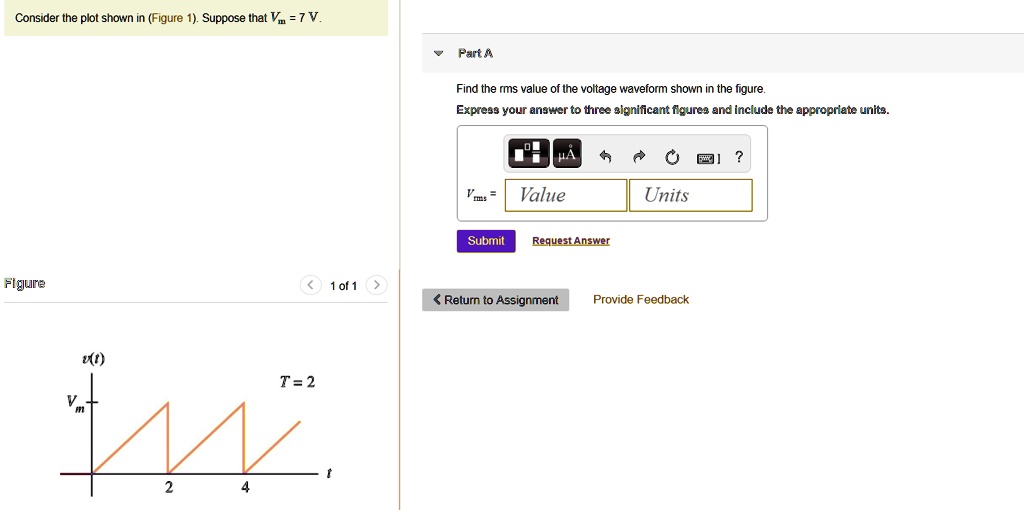 Consider the plot shown in (Figure 1). Suppose that Vm = 7 V. Part A Find the rms value of the ...