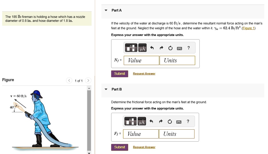 Part A The 185 lb fireman is holding a hose which has a nozzle diameter ...