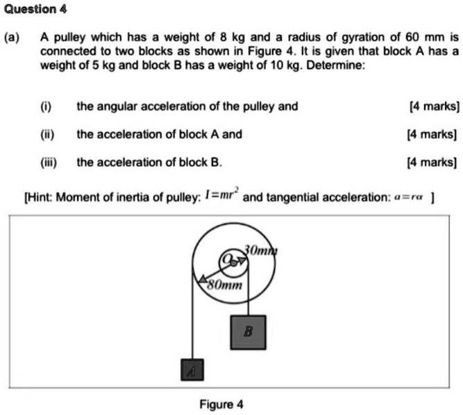 SOLVED: (a) A pulley which has a weight of 8 kg and a radius of ...