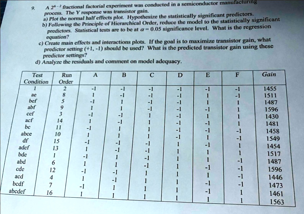 SOLVED: 9. A 26-2 fractional factorial experiment was conducted in a ...