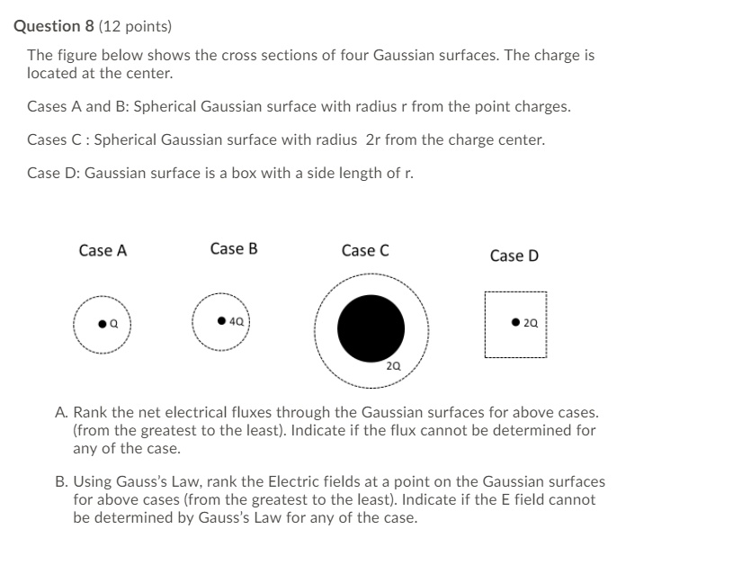 question 8 12 points the figure below shows the cross sections of four gaussian surfaces the ...