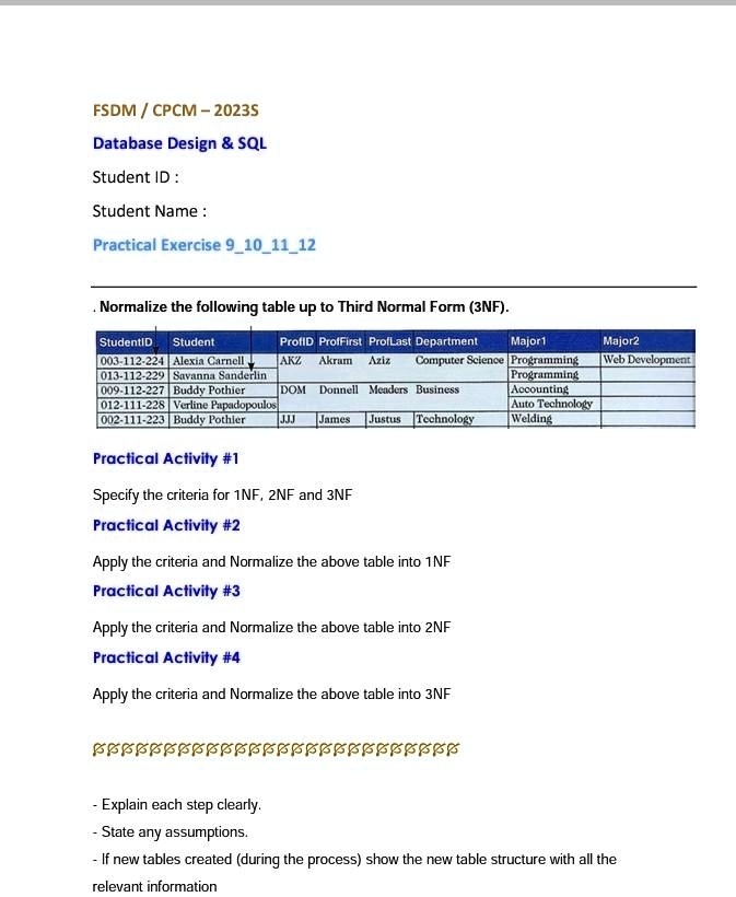 SOLVED: FSDM/CPCM-2023S Database Design SQL Student ID: Student Name ...