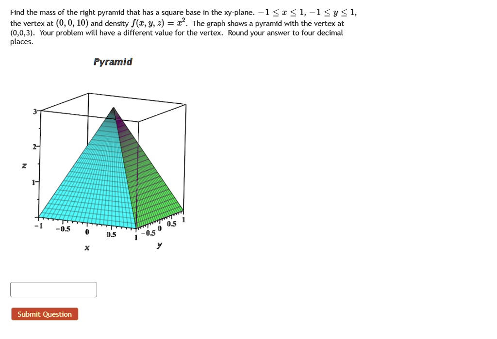 find the mass of the right pyramid that has square base in the xy plane ...